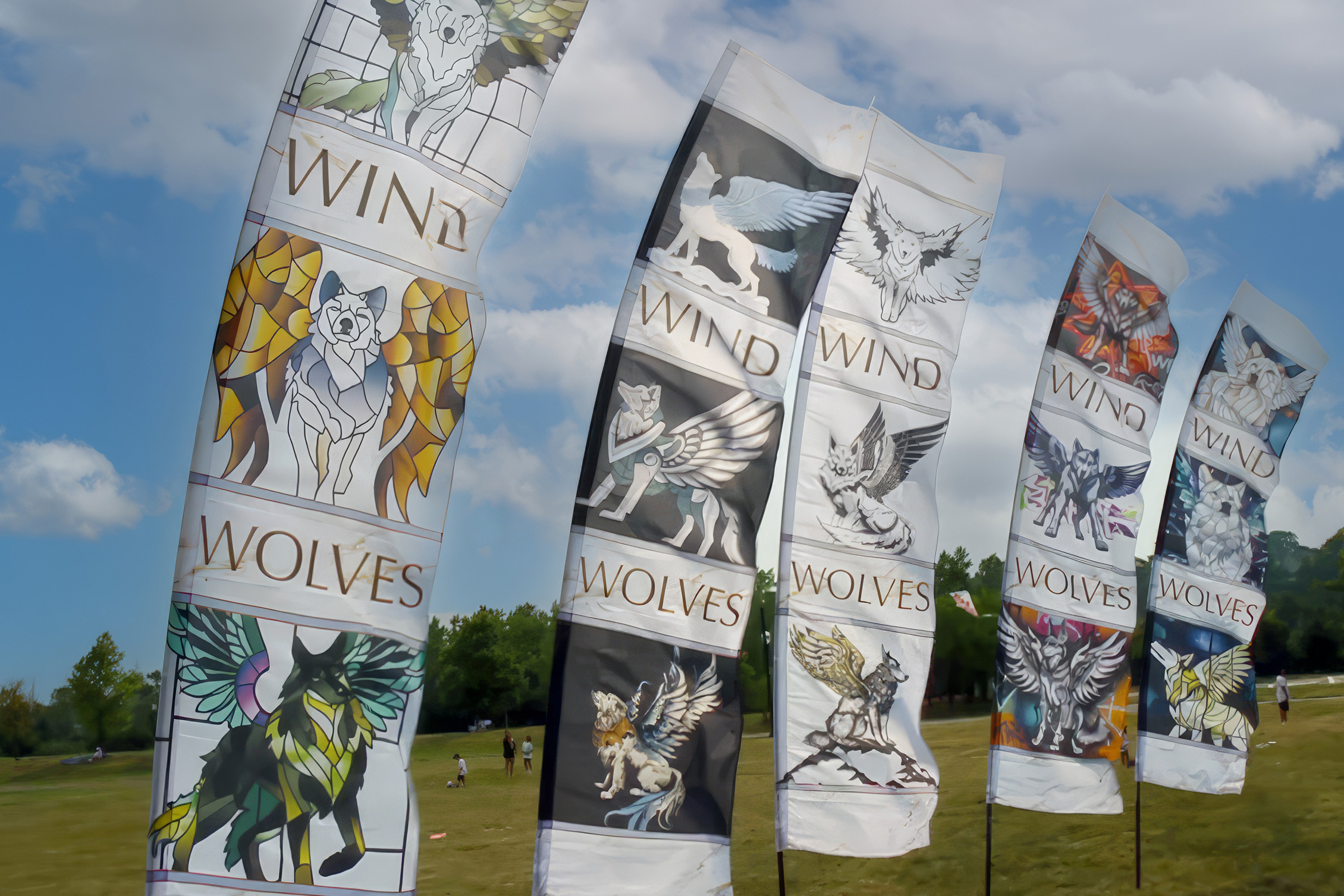 Wind Wolves Traveling Kite Show Feather Banners - Kiteman Group
